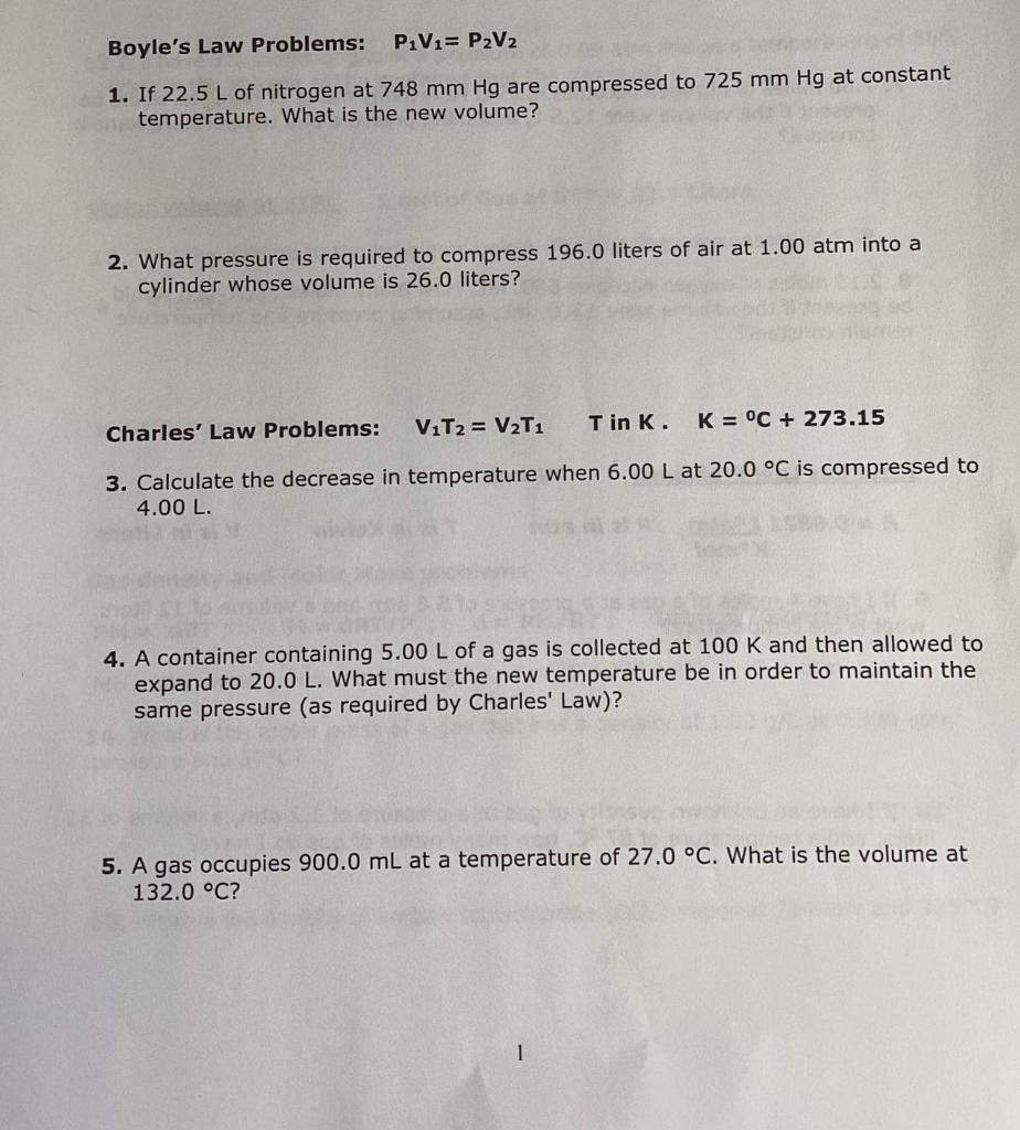 Solved Boyle's Law Problems: P1V1=P2V2 1. If 22.5 L of | Chegg.com