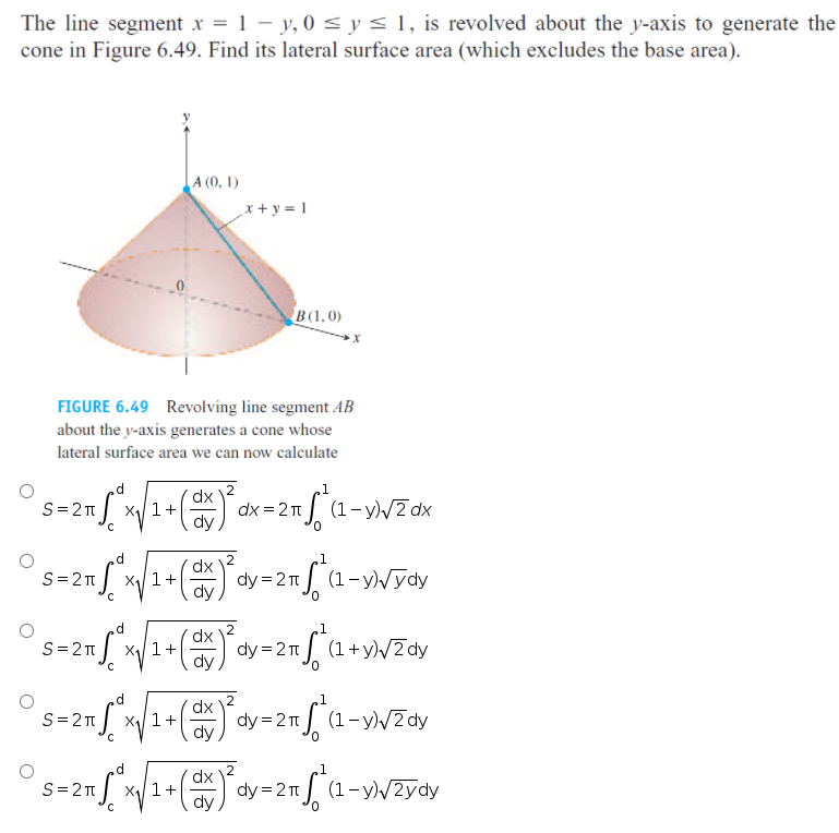 Solved The line segment x = 1 - y, 0 sy sl, is revolved | Chegg.com