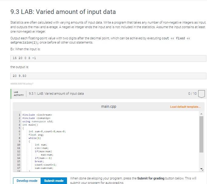 Solved 9.3 LAB: Varied amount of input data Statistics are | Chegg.com