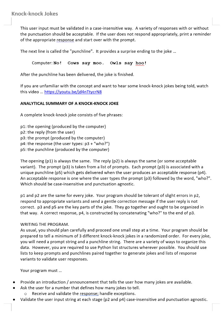 Knock-knock Jokes For this project, you will write a | Chegg.com