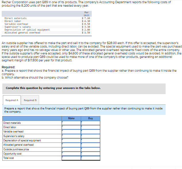 Solved Recher Corporation uses part Q69 in one of Its | Chegg.com