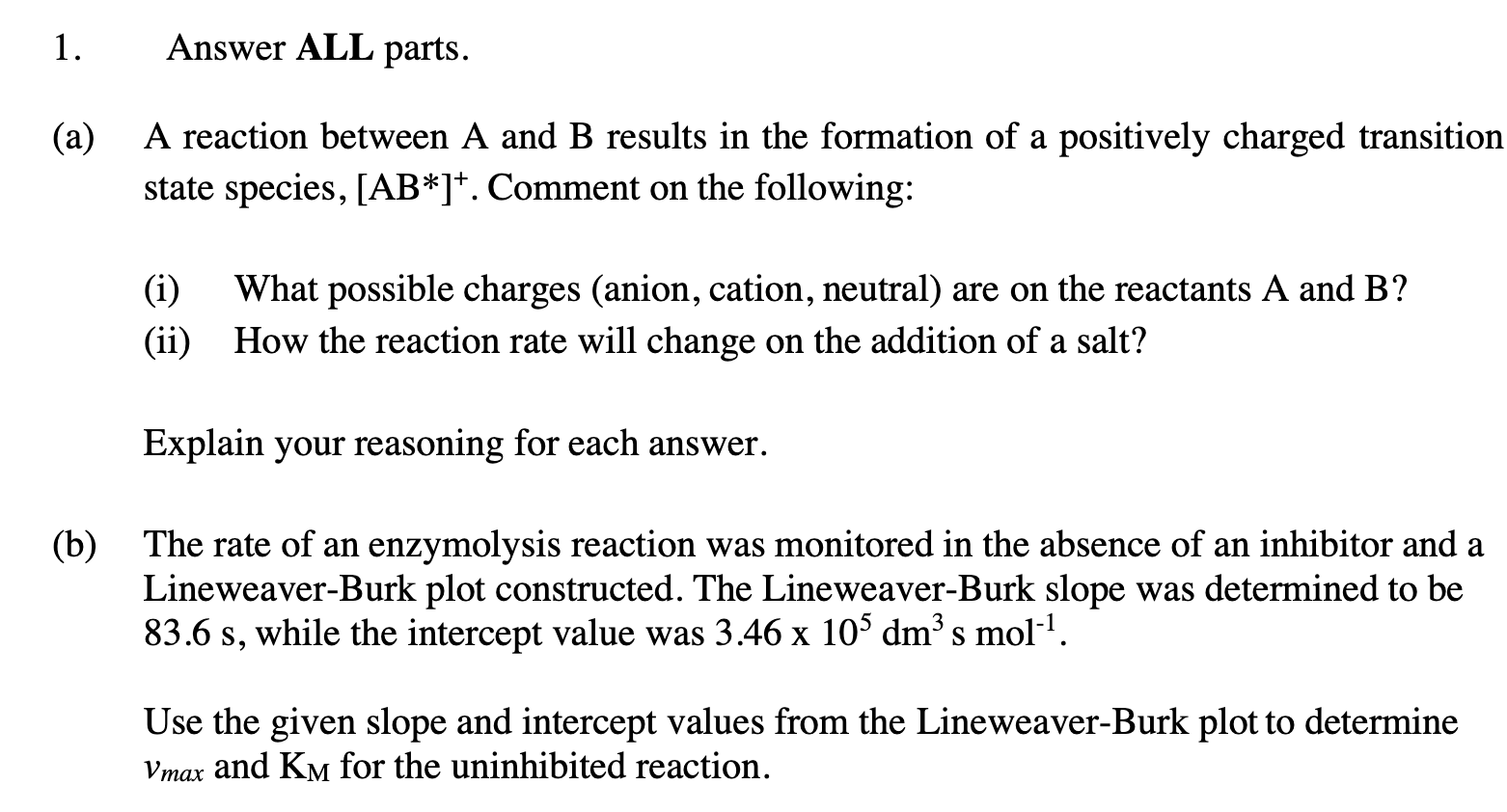 Solved 1. Answer ALL parts. (a) A reaction between A and B | Chegg.com