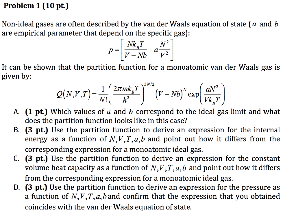 Solved Problem 1 (10 pt.) Non-ideal gases are often | Chegg.com