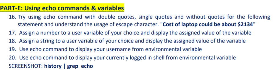 Solved PART-E: Using echo commands & variables 16. Try using | Chegg.com