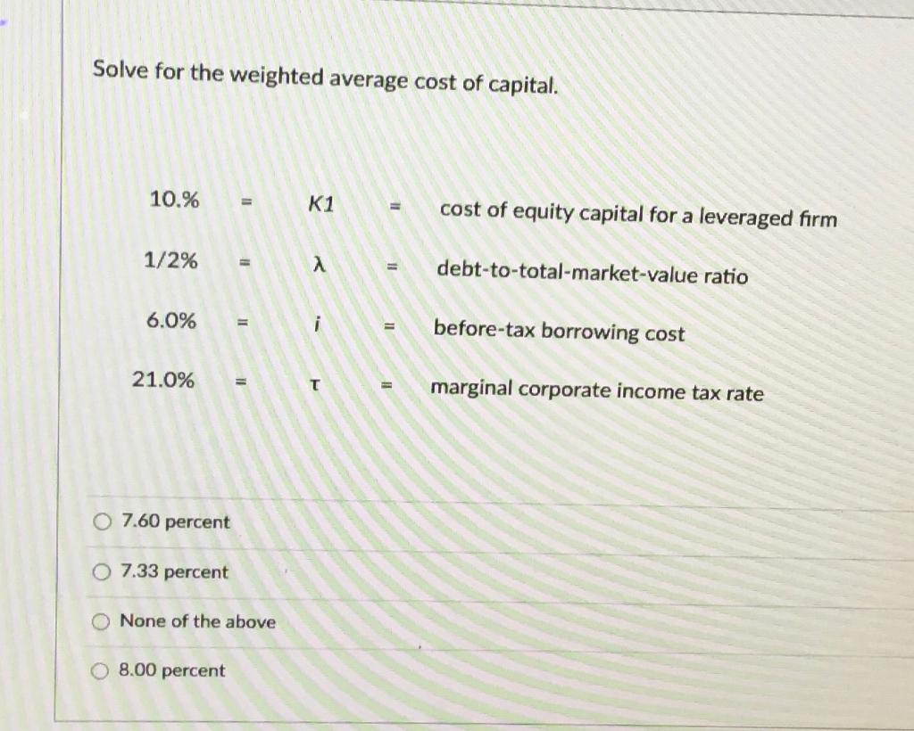 Solved Solve for the weighted average cost of capital. 10.% | Chegg.com
