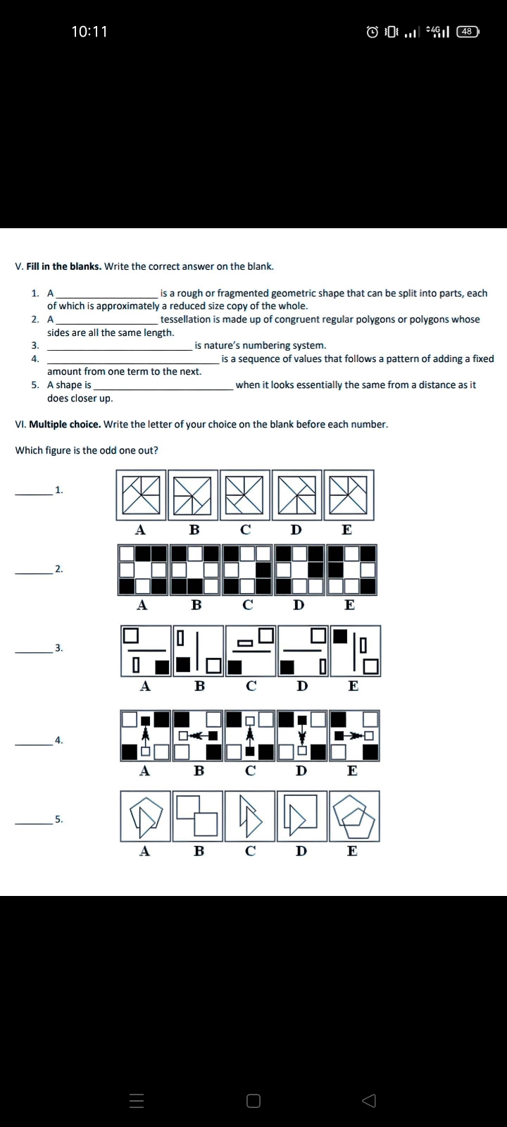 Solved V. Fill in the blanks. Write the correct answer on | Chegg.com