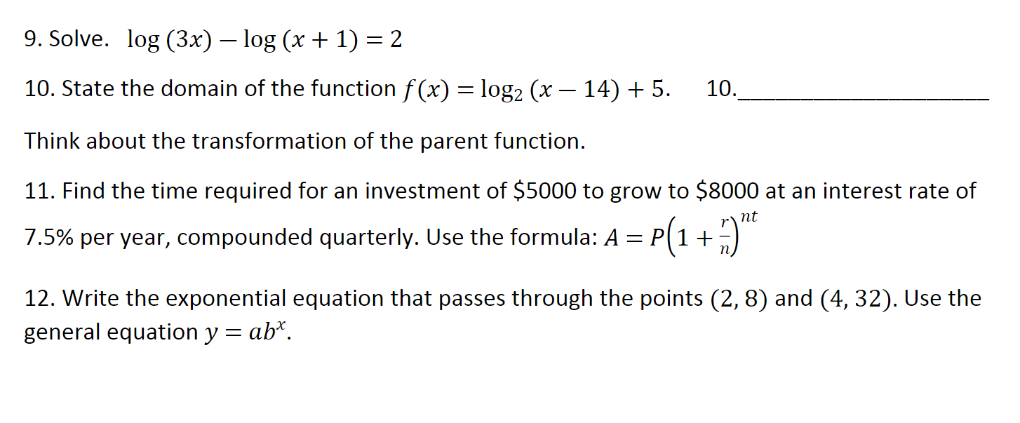 Solved 9. Solve. log(3x)−log(x+1)=2 10. State the domain of | Chegg.com