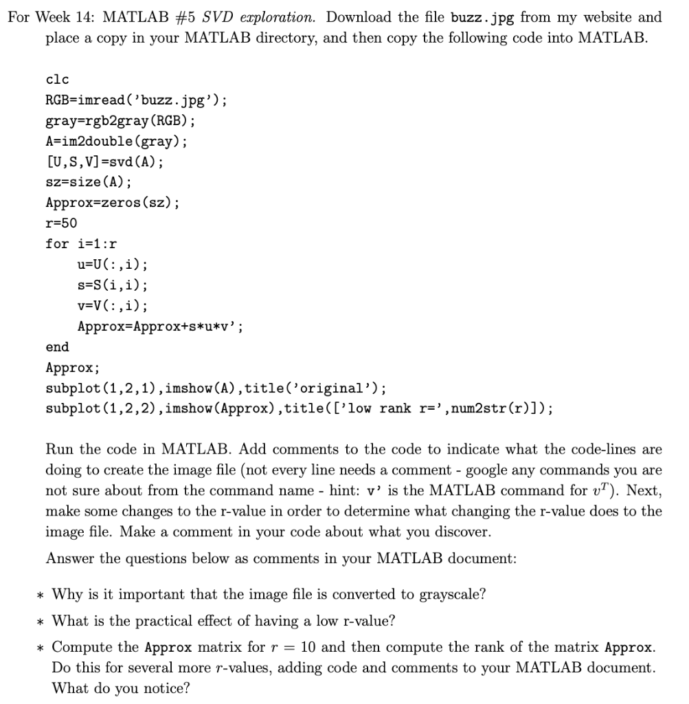 Solved R Week 14 Matlab 5 Svd Exploration Download The 