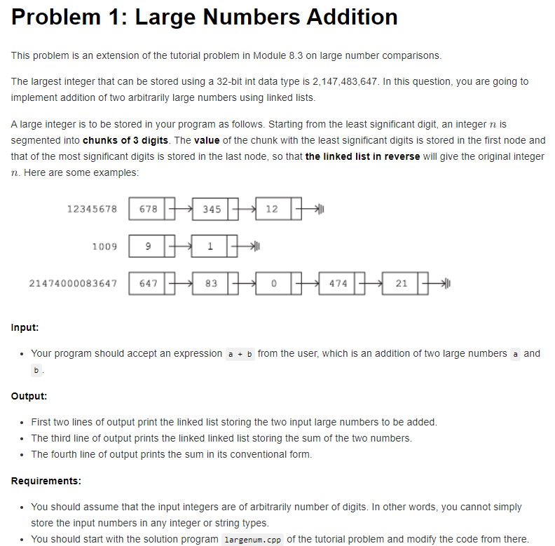 Solved Problem 1: Large Numbers Addition This problem is an | Chegg.com