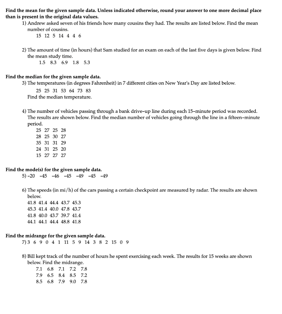 Solved Find the mean for the given sample data. Unless | Chegg.com