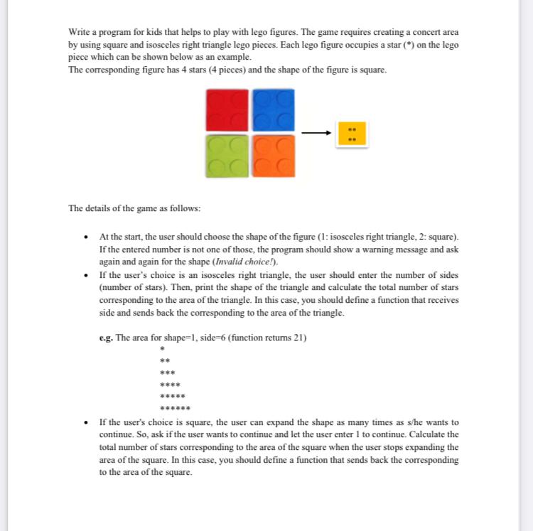 Solved Write a program for kids that helps to play with lego | Chegg.com