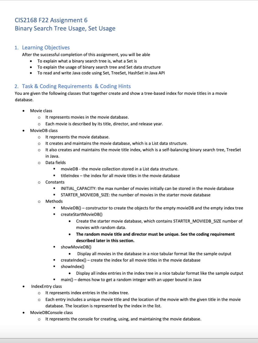CIS2168 F22 Assignment 6 Binary Search Tree Usage, | Chegg.com