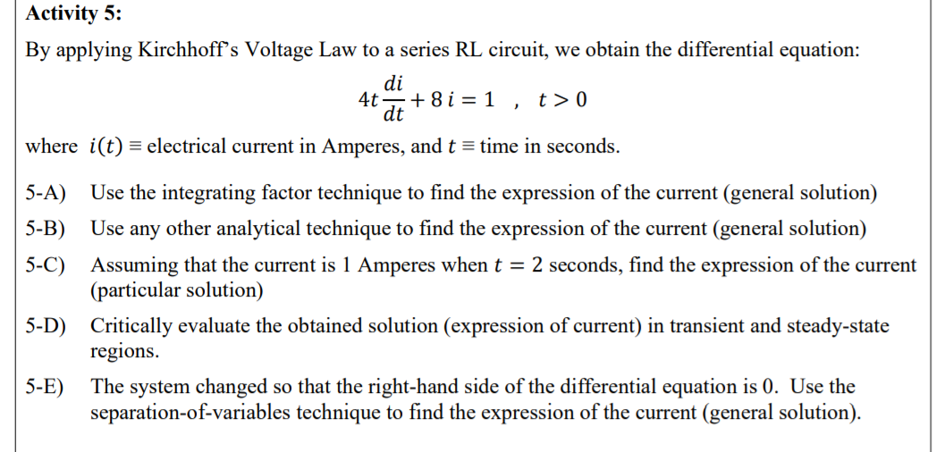Solved Activity 5: By applying Kirchhoff's Voltage Law to a | Chegg.com