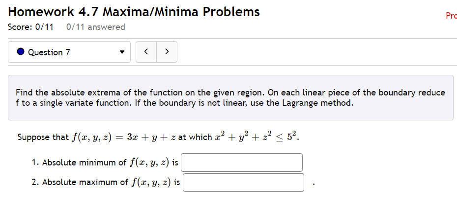 Solved Homework 4.7 Maxima/Minima Problems Score: 0/110/11 | Chegg.com