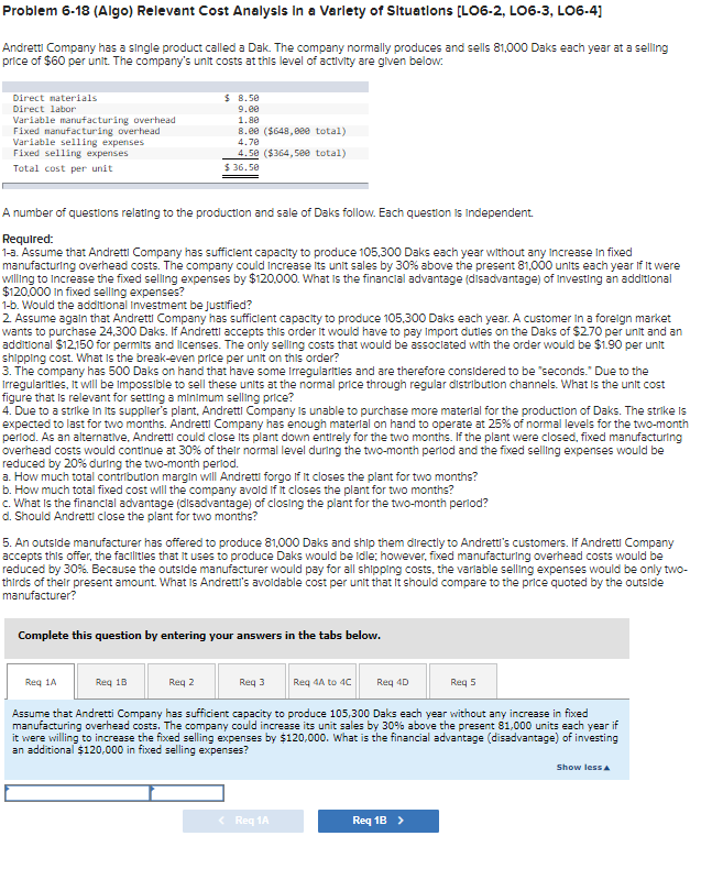 Solved Problem 6-18 (Algo) Relevant Cost Analysls In a | Chegg.com