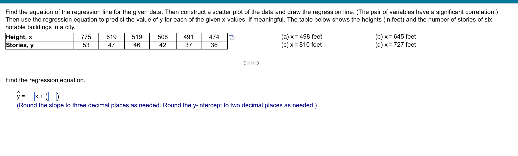 Solved Find the equation of the regression line for the | Chegg.com