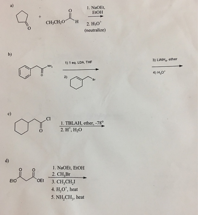 Solved 1. NaOEt, EtOH 2. H3O (neutralize) b) 3) LiAIH, ether | Chegg.com