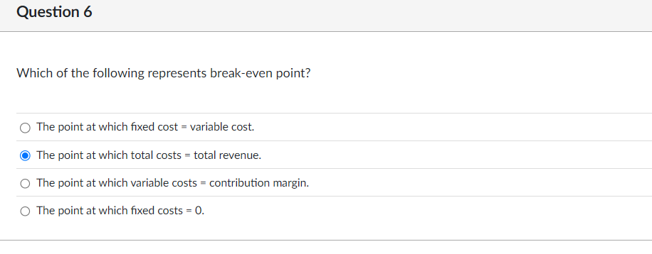 Solved Which of the following represents break-even | Chegg.com