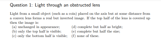 Solved Question 1: Light through an obstructed lens Light | Chegg.com