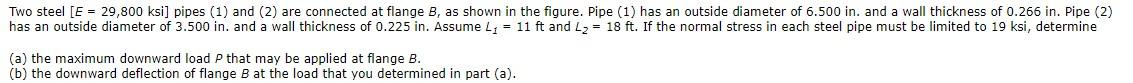 Solved Two steel [E = 29,800 ksi) pipes (1) and (2) are | Chegg.com