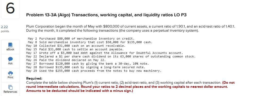 Solved Problem 13-3A (Algo) Transactions, working capital, | Chegg.com