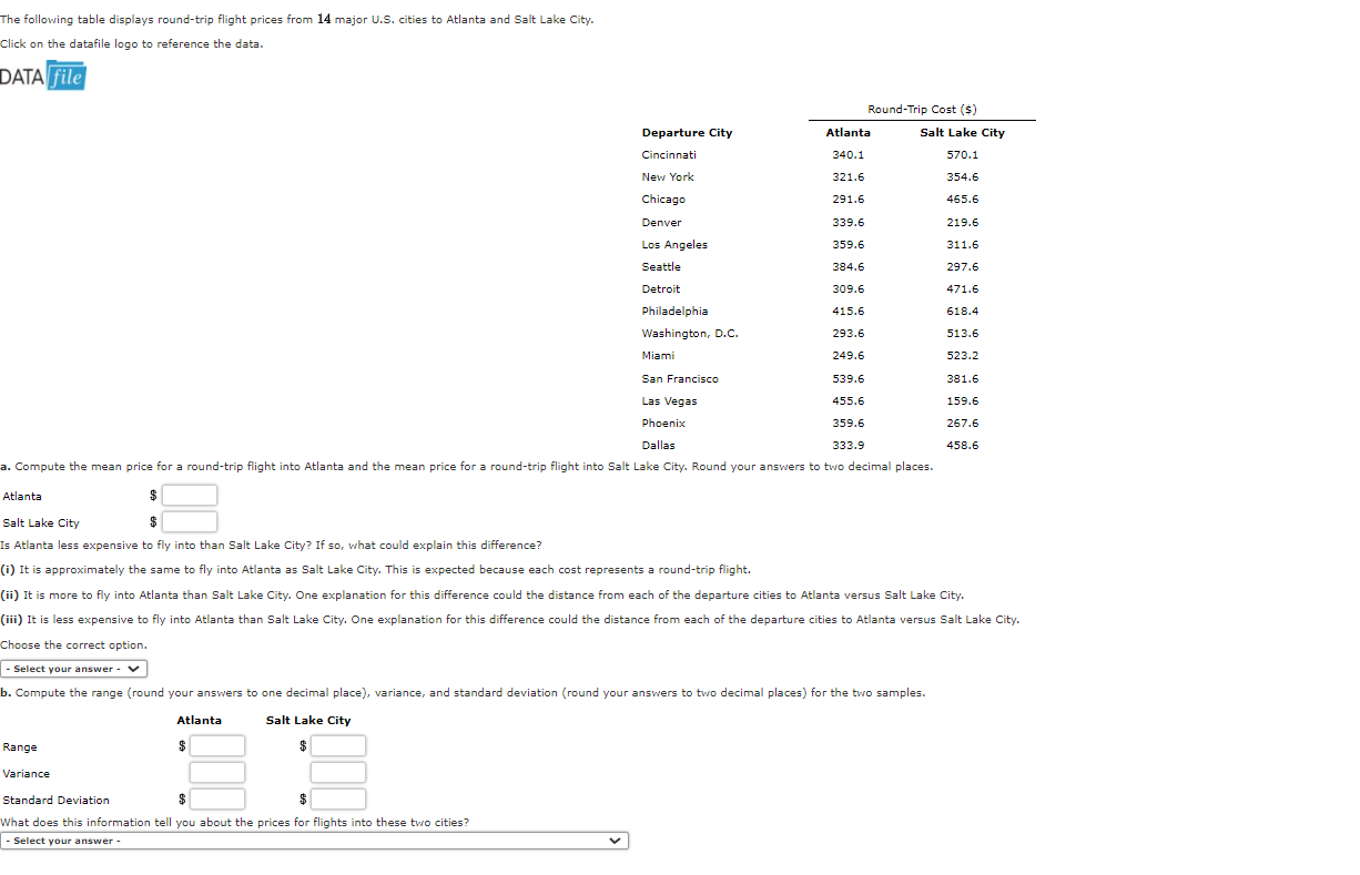 Solved The following table displays round-trip flight prices | Chegg.com