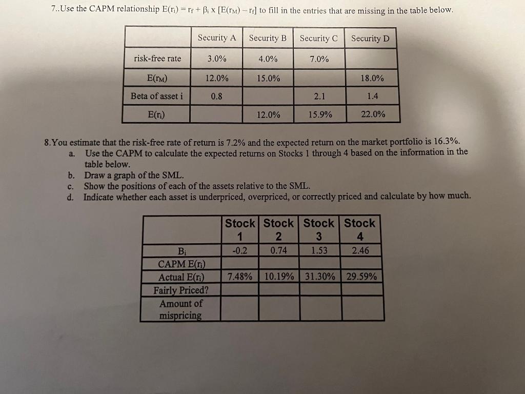 Solved 7..Use the CAPM relationship E(ri)=rf+βi×[E(rM)−rf] | Chegg.com