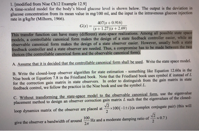 1. [modified from Nise Ch12 Example 12.9] A | Chegg.com