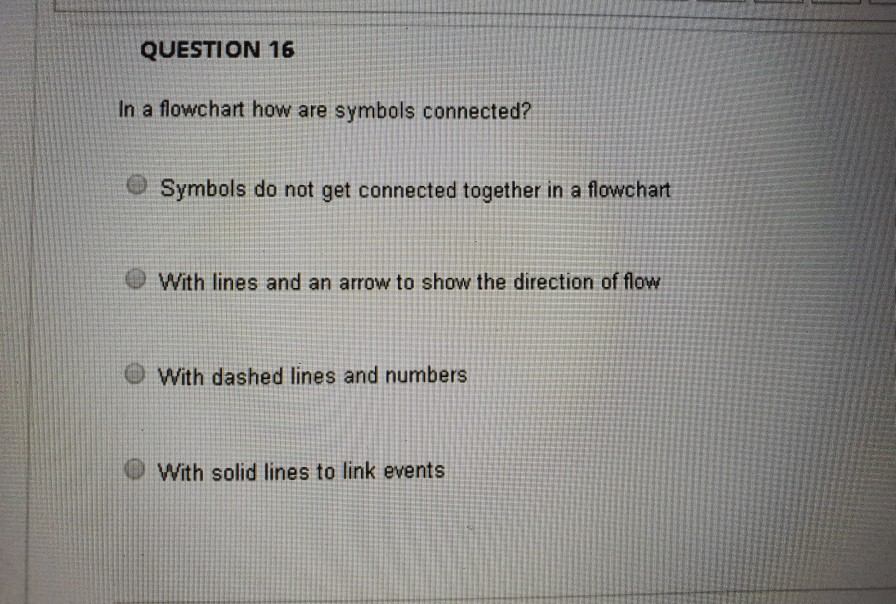 Solved QUESTION 16 In a flowchart how are symbols connected? | Chegg.com