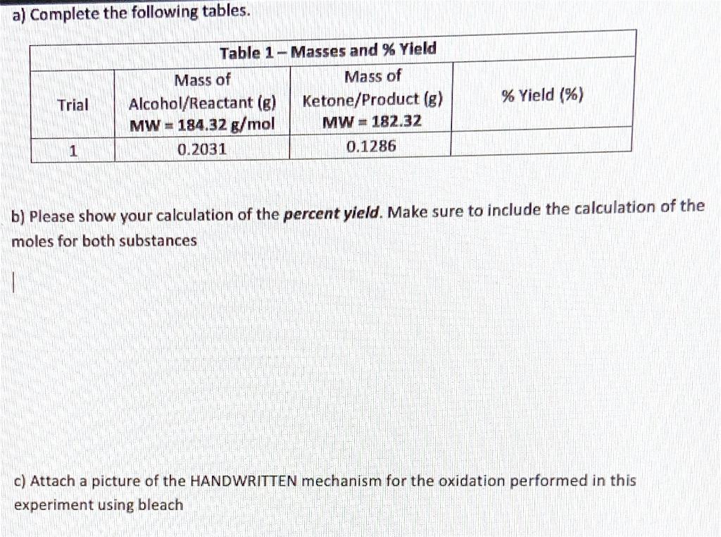 Solved a) Complete the following tables. Table 1-Masses and | Chegg.com