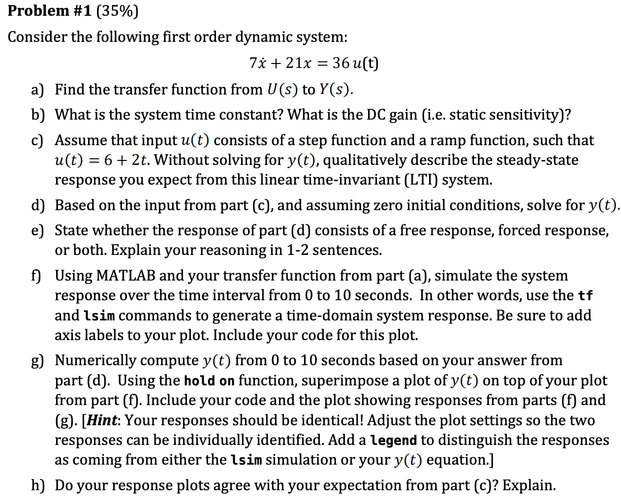 Problem #1 (35%) Consider the following first order | Chegg.com