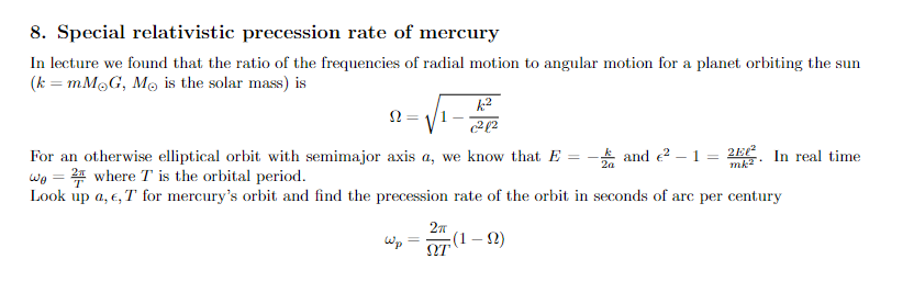 Solved 8. Special relativistic precession rate of mercury In | Chegg.com