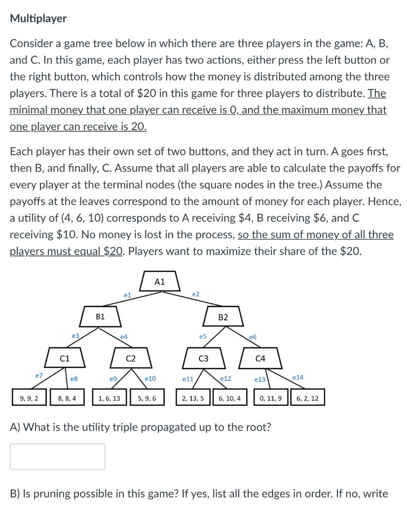 Solved Multiplayer Consider a game tree below in which | Chegg.com