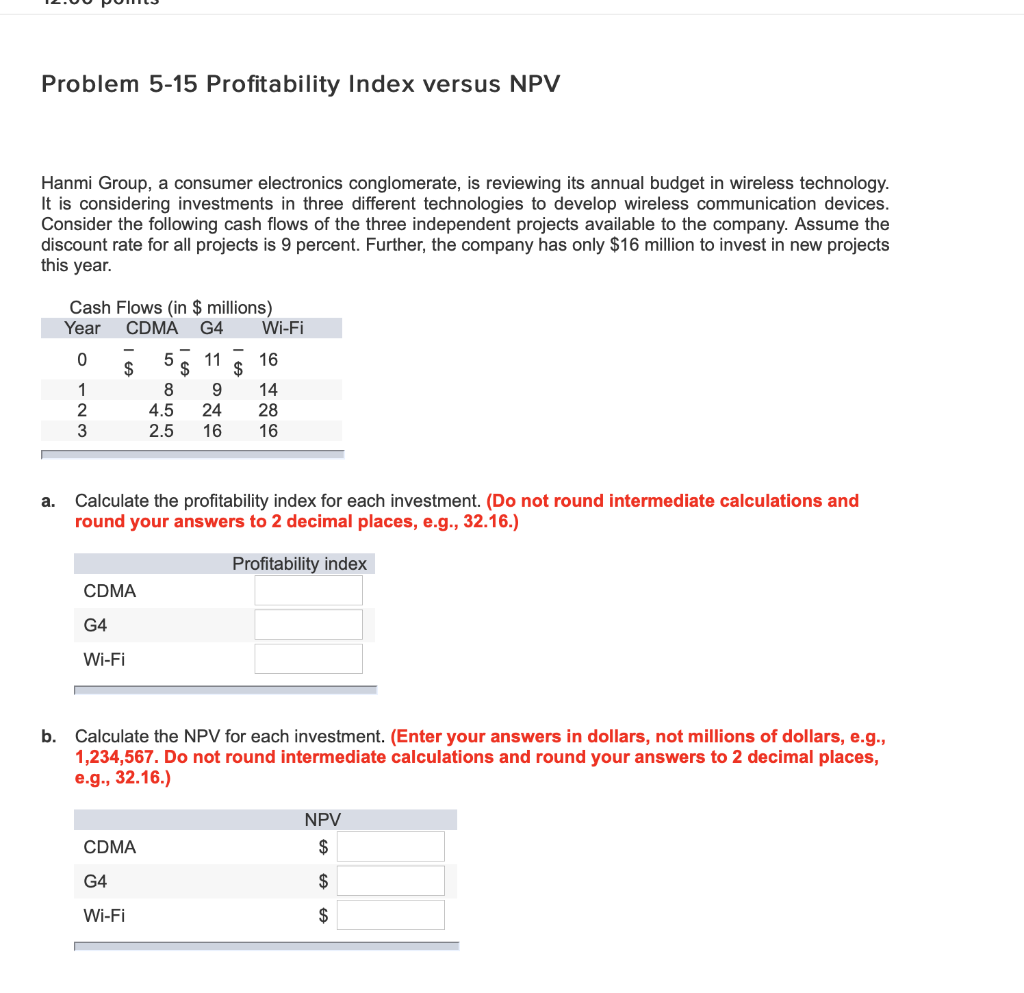 Solved Problem 5-15 Profitability Index versus NPV Hanmi | Chegg.com
