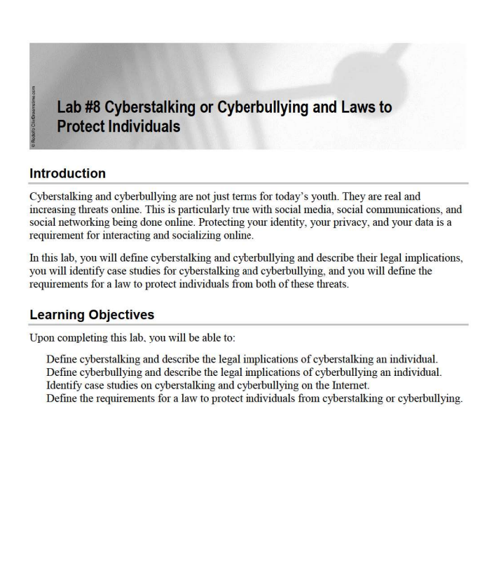 Solved Lab #8 ﻿Cyberstalking or Cyberbullying and Laws | Chegg.com