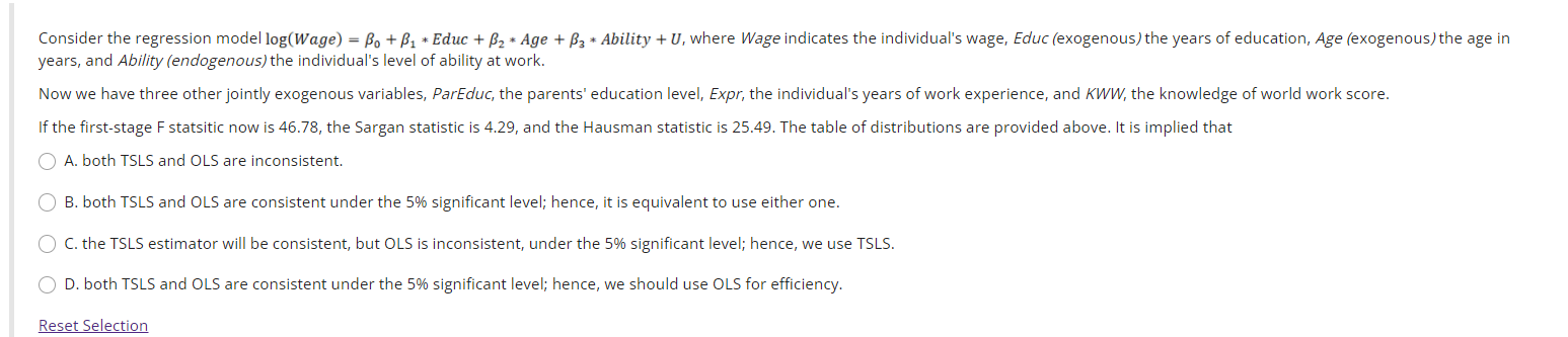 Solved Consider the regression model log(Wage) = Bo + B1 * | Chegg.com