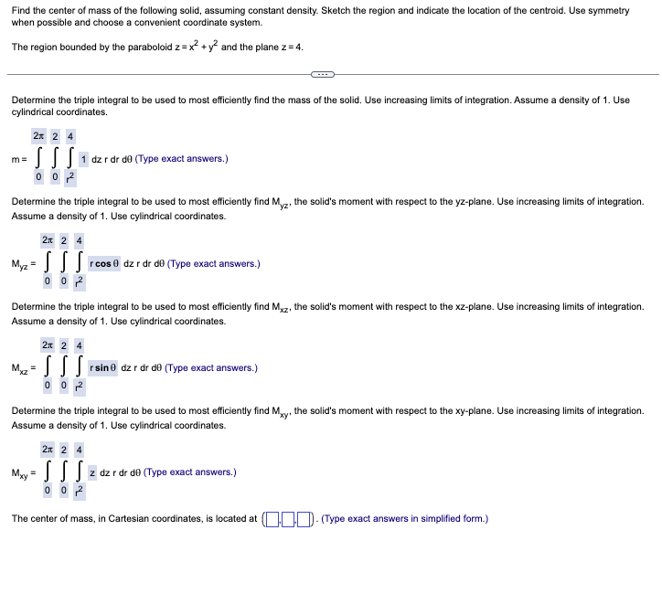Solved Find the center of mass of the following solid, | Chegg.com