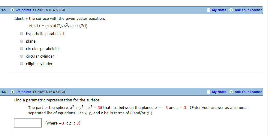 Solved 12. -11 points SCalcET8 16.6.505.XP My Notes Ask Your | Chegg.com Solved 12. -11 points SCalcET8 16.6.505.XP My Notes Ask Your | Chegg.com