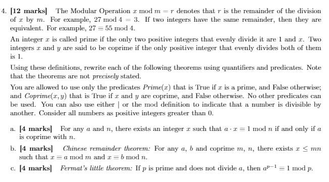 Solved 4. [12 marks] The Modular Operation 1 mod m = r | Chegg.com