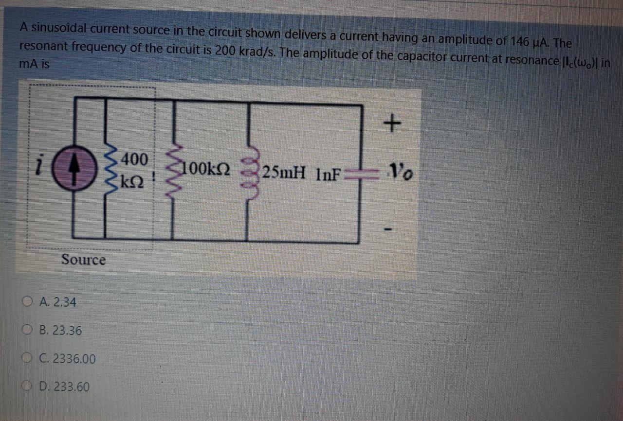 Solved A sinusoidal current source in the circuit shown | Chegg.com