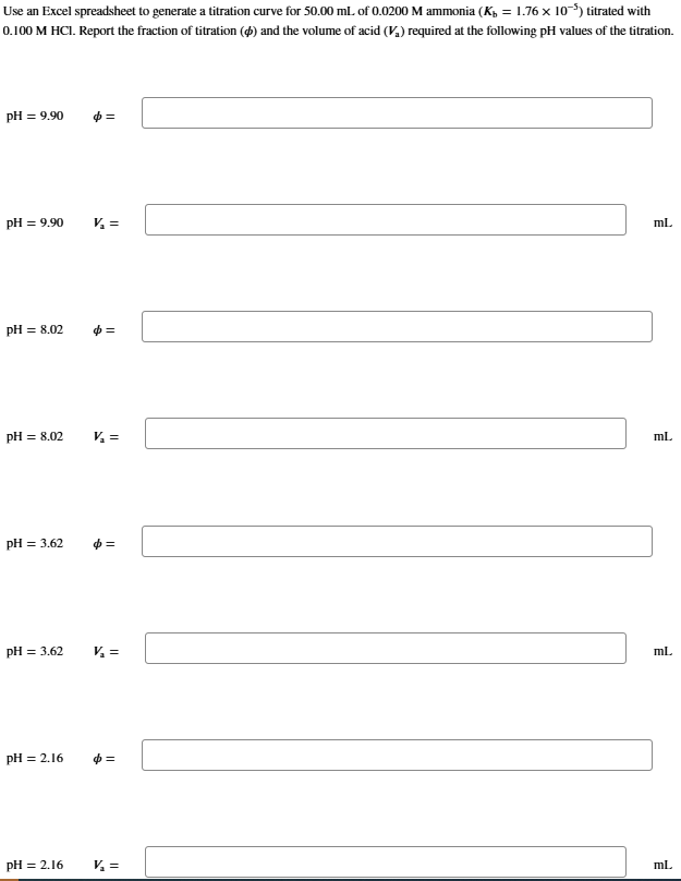 Solved Use an ﻿Excel spreadsheet to ﻿generate a titration | Chegg.com
