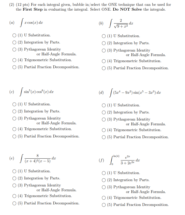 Solved (2) (12 pts) For each integral given, bubble | Chegg.com