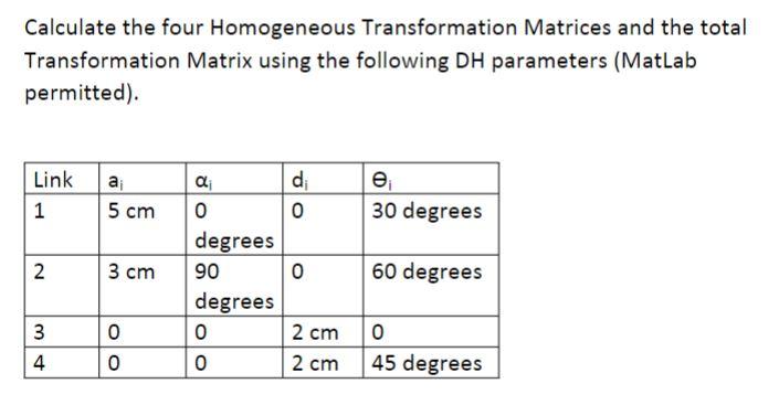 Solved Calculate The Four Homogeneous Transformation 
