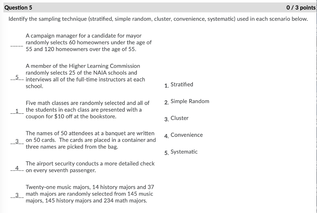 Solved 0/ 3 points Question 5 Identify the sampling | Chegg.com