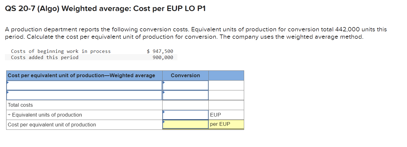Solved QS 20-7 (Algo) Weighted average: Cost per EUP LO P1 A | Chegg.com