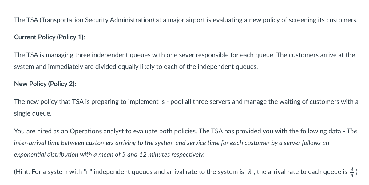 Solved The TSA (Transportation Security Administration) at a | Chegg.com