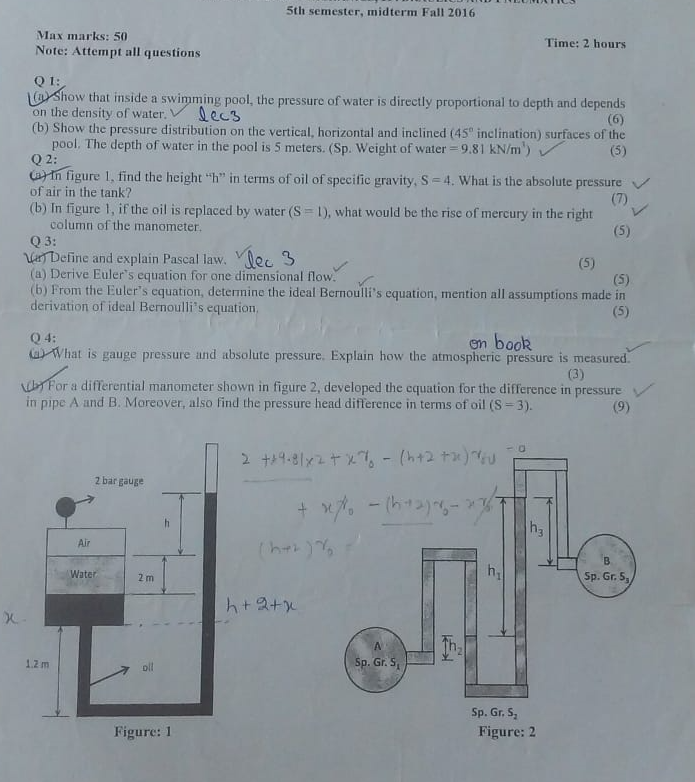 Solved Q 4:(b) ﻿For a differential manometer shown in figure | Chegg.com