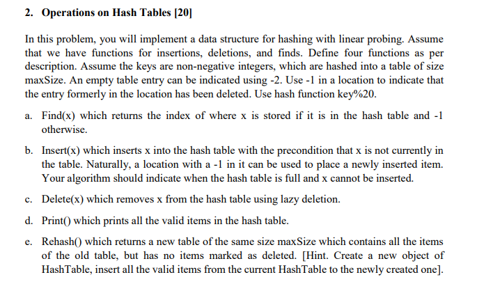 Solved 2. Operations on Hash Tables [20] In this problem, | Chegg.com