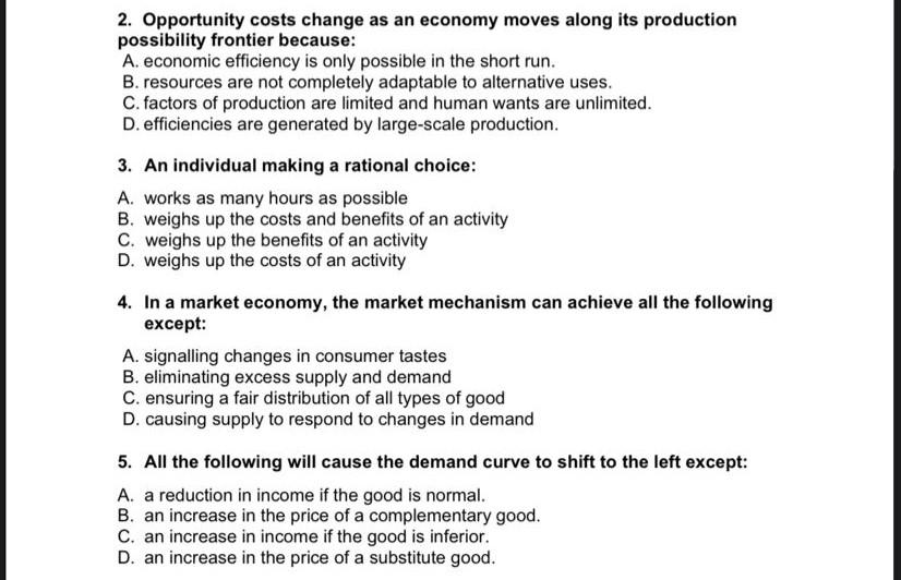 Solved 2. Opportunity costs change as an economy moves along | Chegg.com