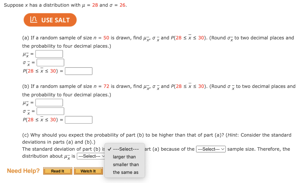 Solved Suppose x has a distribution with μ=28 and σ=26. (a) | Chegg.com
